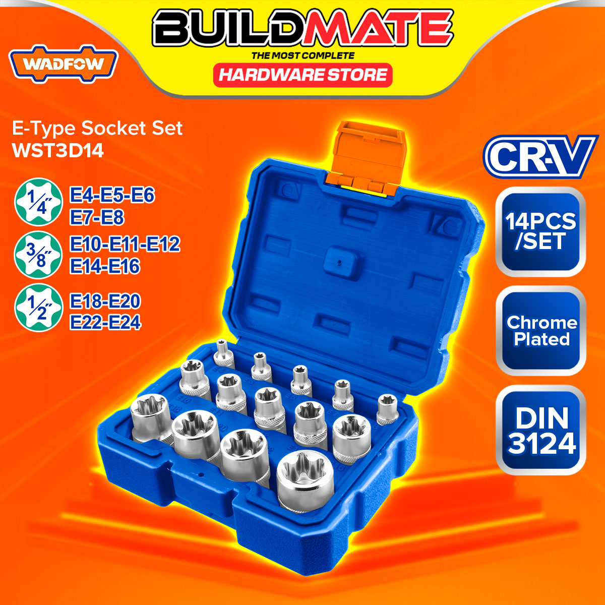 BUILDMATE Wadfow 14pcs E-Type Socket Set Chrome Plated External Torx S ...