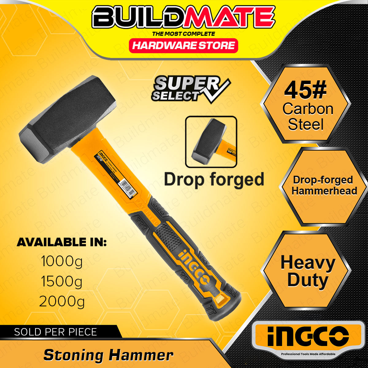 BUILDMATE Ingco Stoning Hammer 1000g Drop-forged Hammerhead Hand Tool ...