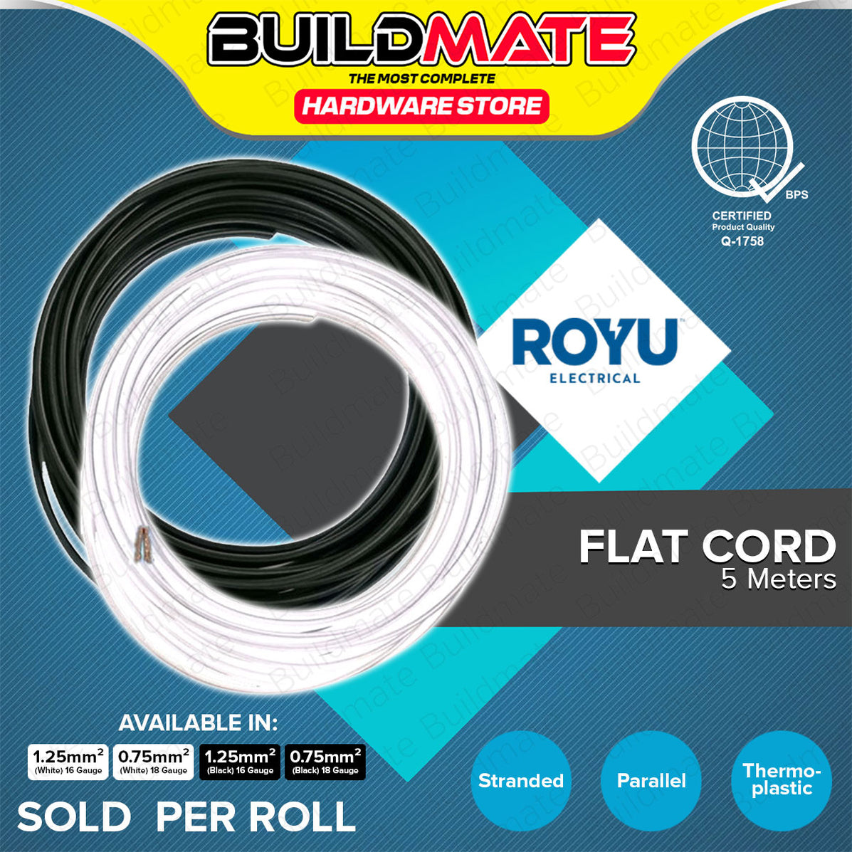 BUILDMATE Royu Flat Cord #16 AWG | 18 AWG 5METERS Electrical Cable Wir ...