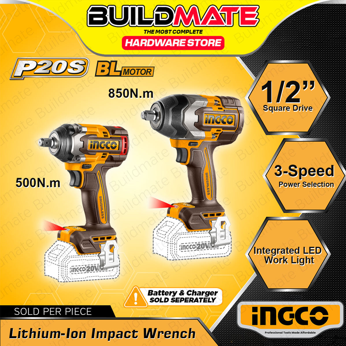 BUILDMATE Ingco Lithium-Ion Cordless 20V Brushless Impact Wrench 500Nm ...