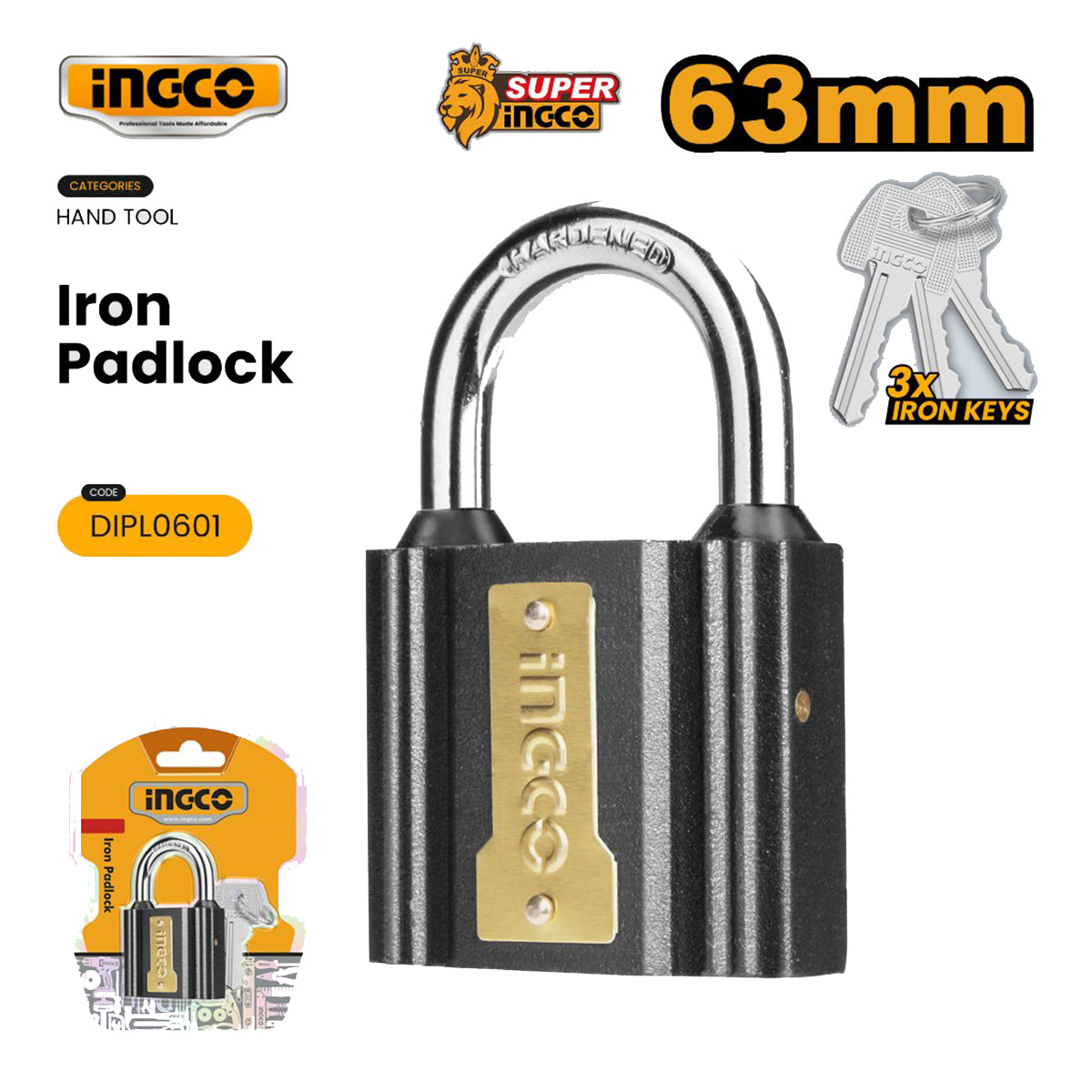 INGCO 63mm/75mm Short Shackle Iron Padlock With Brass Cylinder Anti-Th ...