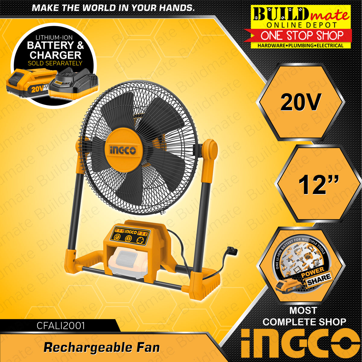 INGCO Cordless Rechargeable Fan 20V CFALI2001 POWERSHARE + FREE TROWEL ...