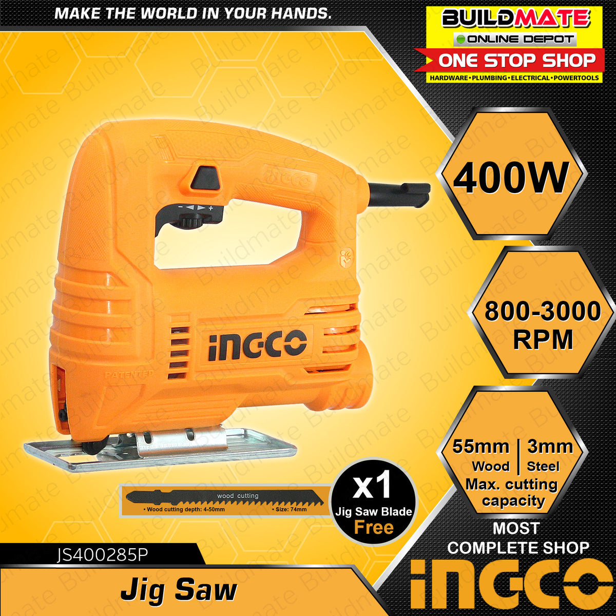 BUILDMATE Ingco Electric Jigsaw 400W Wood Cutter Maching Woodworking P ...