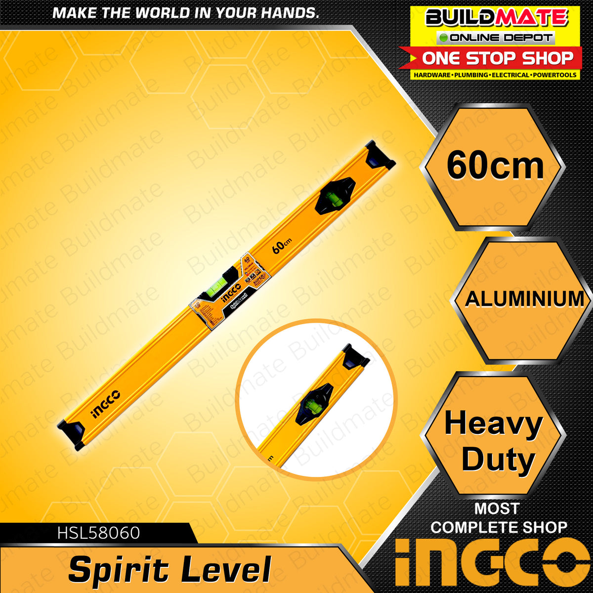 BUILDMATE Ingco 60cm Spirit Level SUPER SELECT Aluminum Leveling Bubbl ...