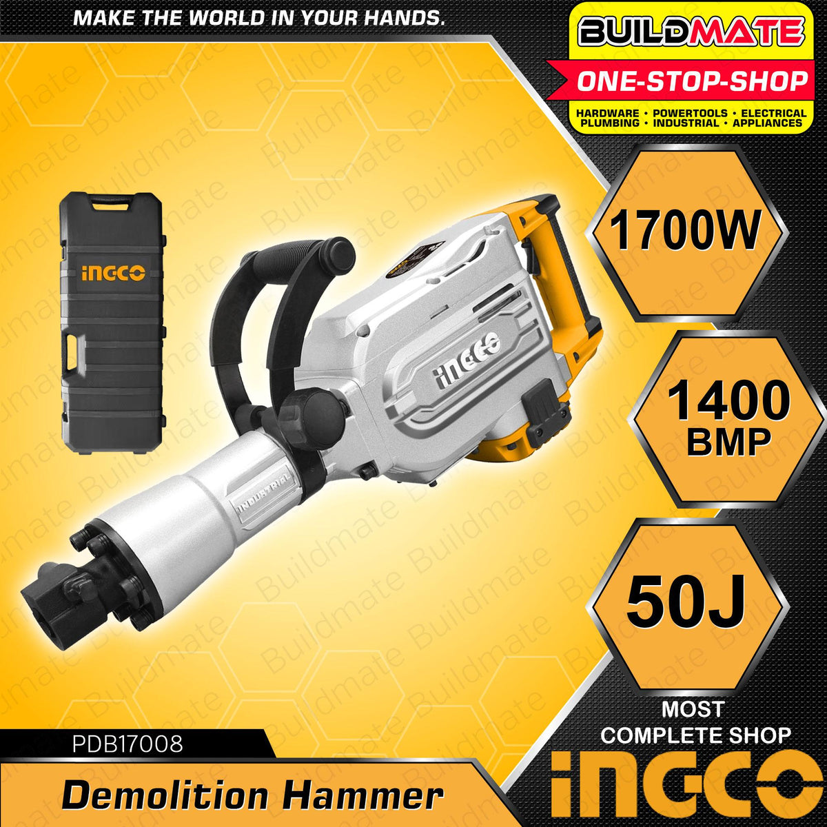 BUILDMATE Ingco Demolition Jack Hammer 1700W Industrial Hammer Demolit ...