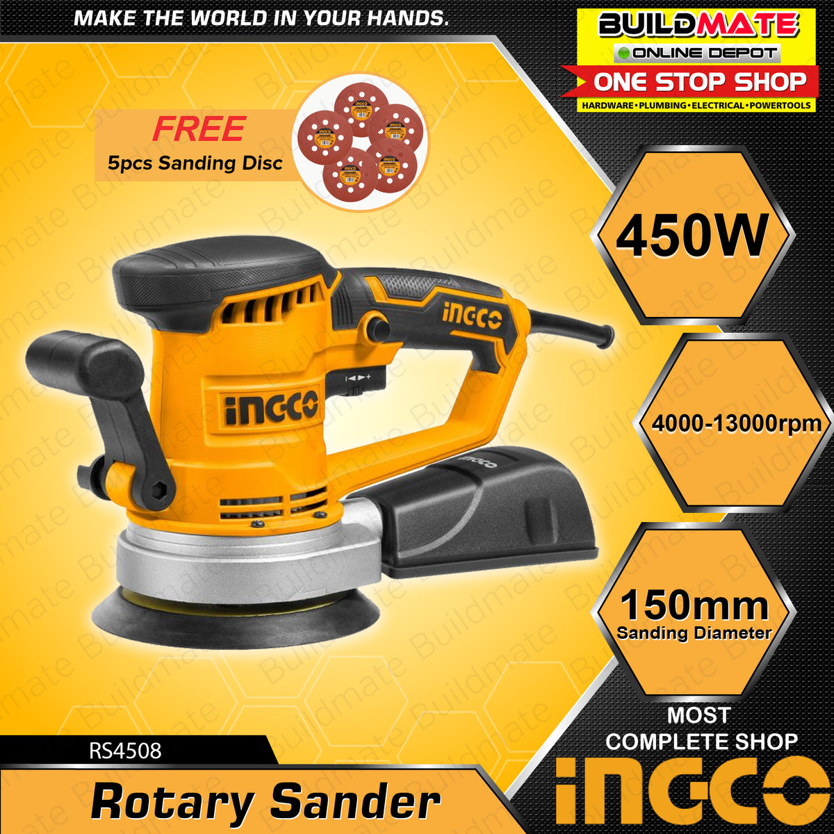 INGCO Rotary Sander 450W RS4508 with 5pcs Sanding Pad •BUILDMATE• IPT ...