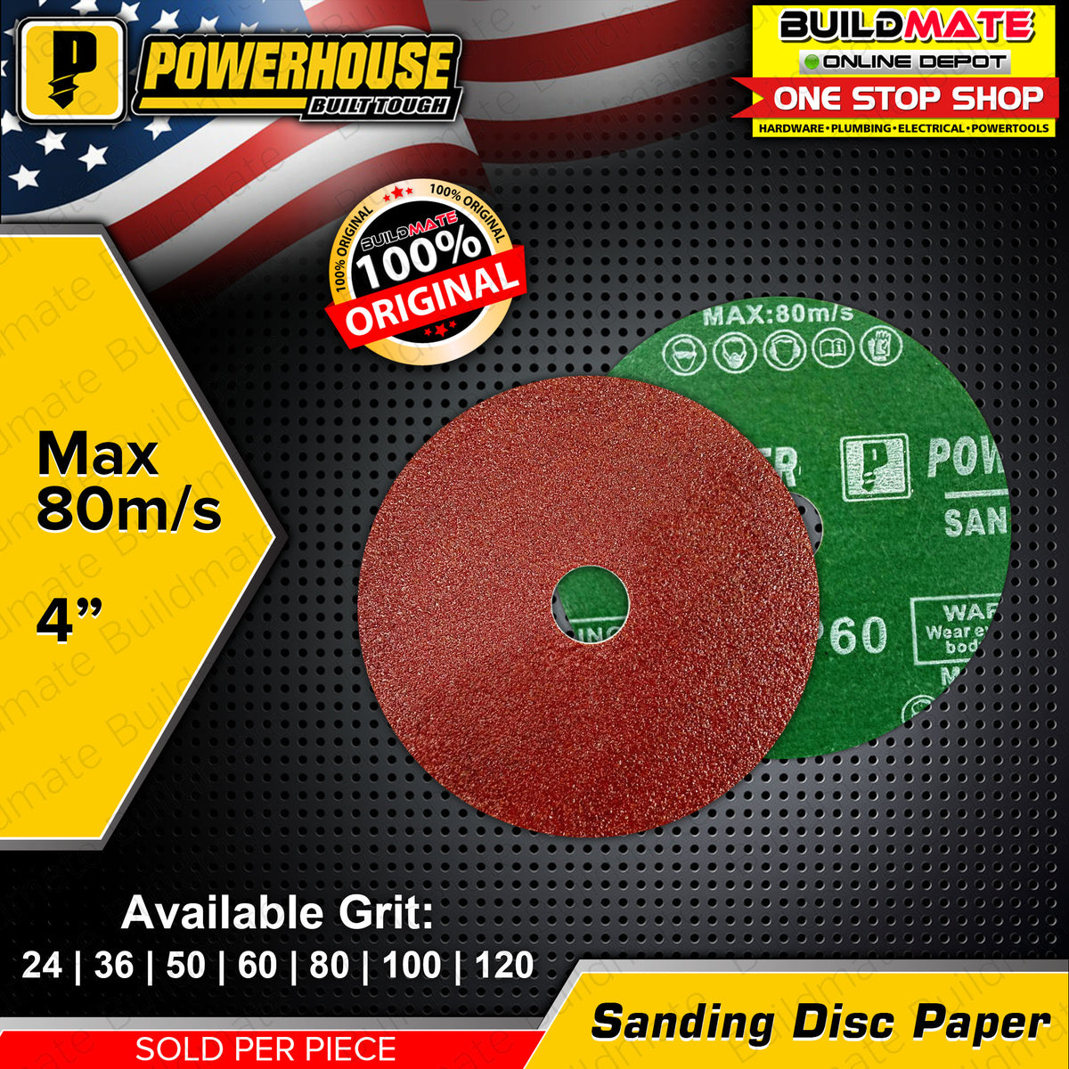 POWERHOUSE Sanding Disc Paper 4" Grit # 24 | 36 | 50 | 60 | 80 | 100 ...