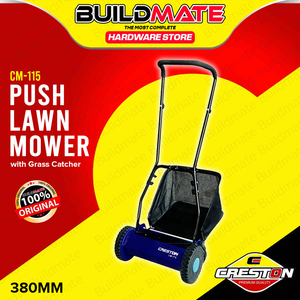BUILDMATE Push Lawn Mower with Grass Catcher 380mm Manual Garden Hand ...