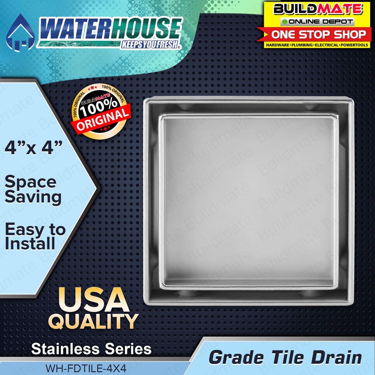 WATERHOUSE by POWERHOUSE Tile Drain 4" X 4" Stainless 304 Grade •BUILD ...