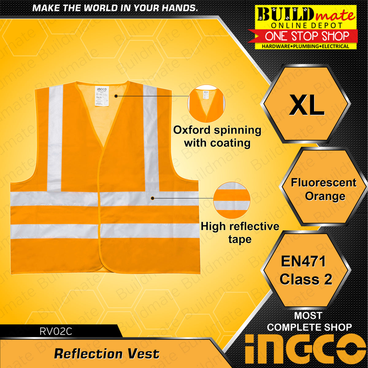 INGCO Fluorescent Orange Reflection Vest RV02C •BUILDMATE• IHT — Buildmate