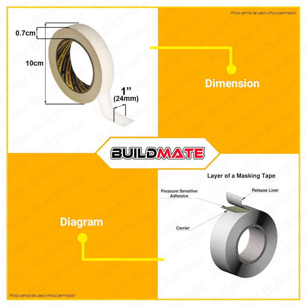 BUILDMATE Omega Masking Tape 1/2" - 1" Inch Adhesive Paper Painting Cr ...