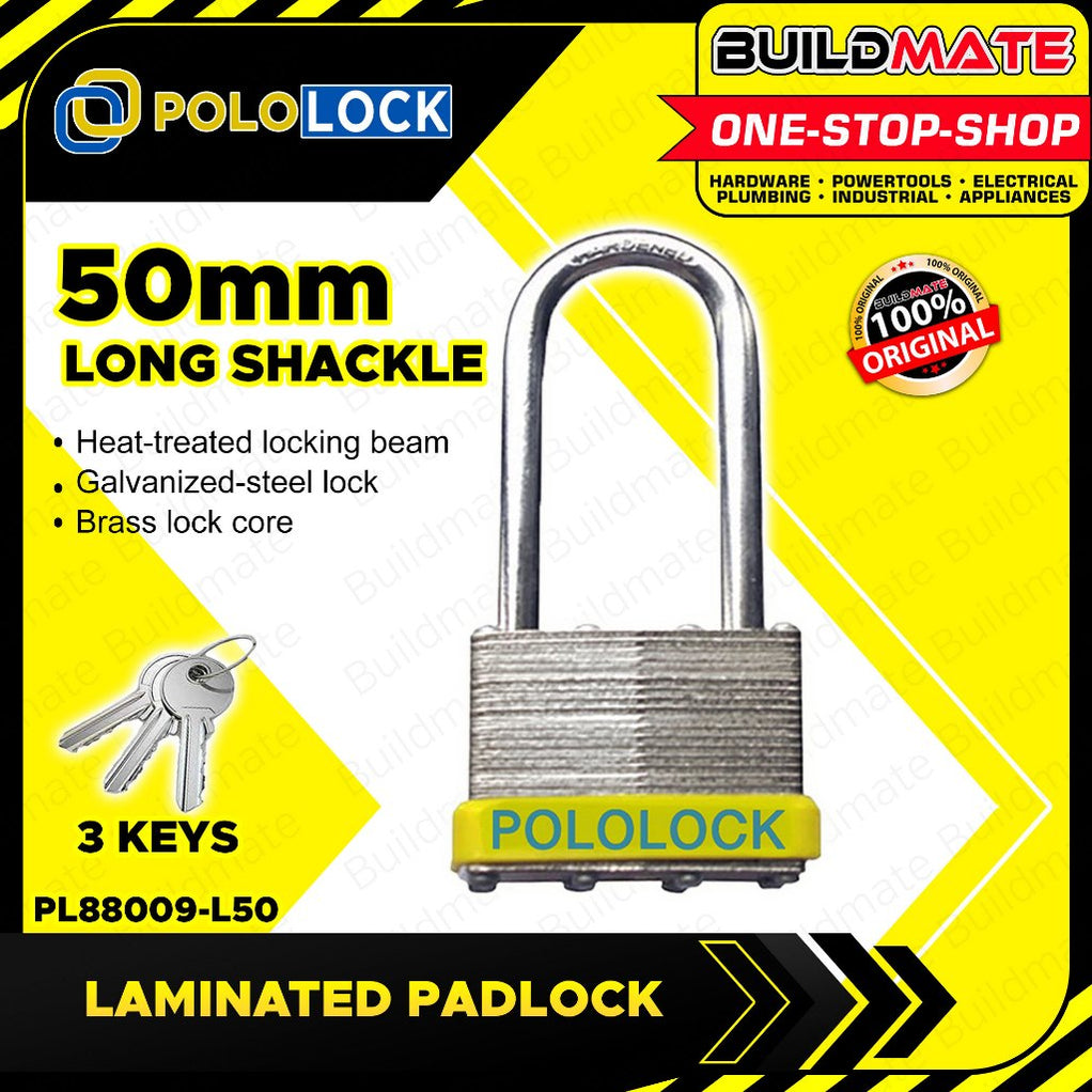 BUILDMATE Pololock Laminated Padlock Long Shackle 30MM - 65MM Solid Br ...