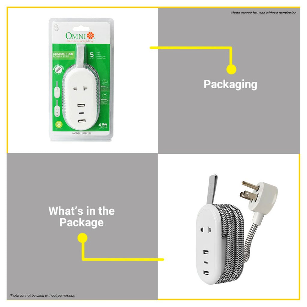 BUILDMATE Omni Pocket Extension Cord Compact USB Power Strip 5 Outlets ...