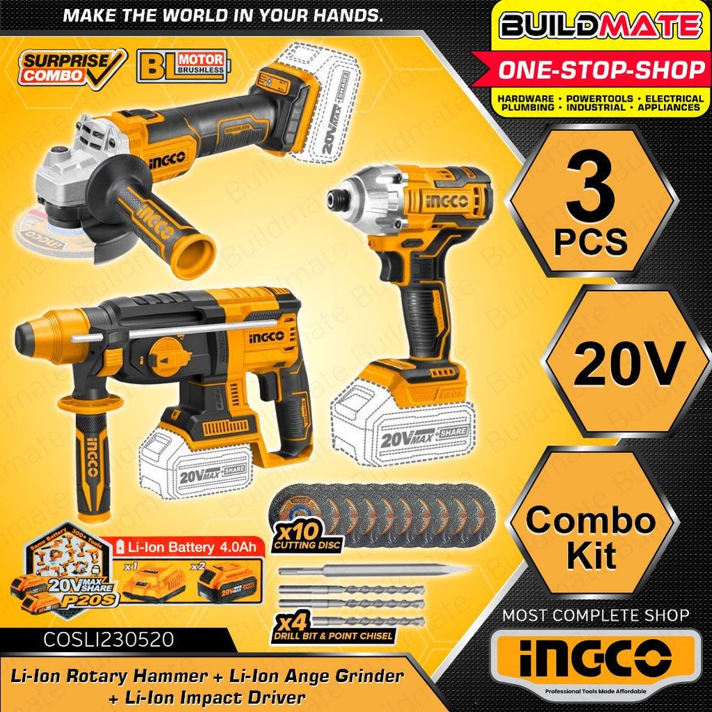 BUILDMATE Ingco 3PCS/SET 20V Cordless Rotary Hammer Angle Grinder Impa ...