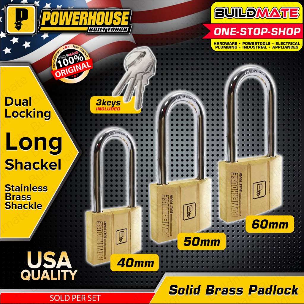 BUILDMATE Powerhouse Solid Brass Padlock LONG Shackle 40MM - 60MM Anti ...