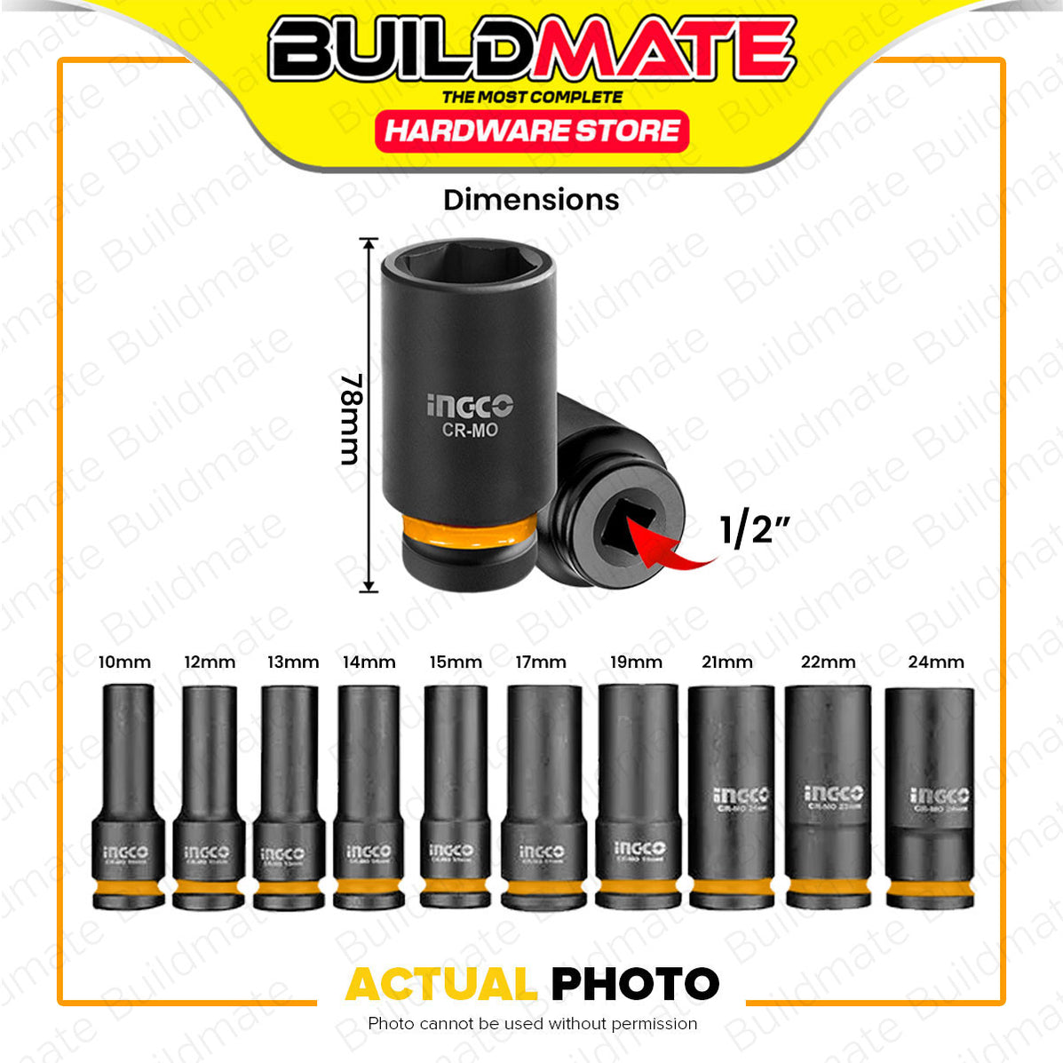 BUILDMATE Ingco 10pcs Deep Impact Socket Set 1/2" 6pt Heavy Duty Impac ...