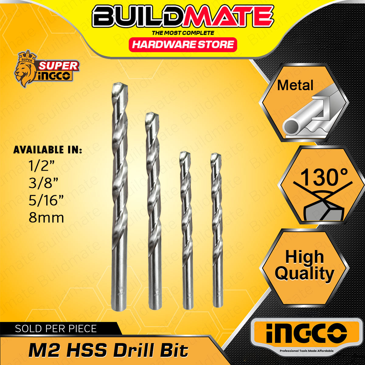 BUILDMATE Ingco M2 HSS Drill Bit 130° Tip Angle Metalworking Twist Dri ...