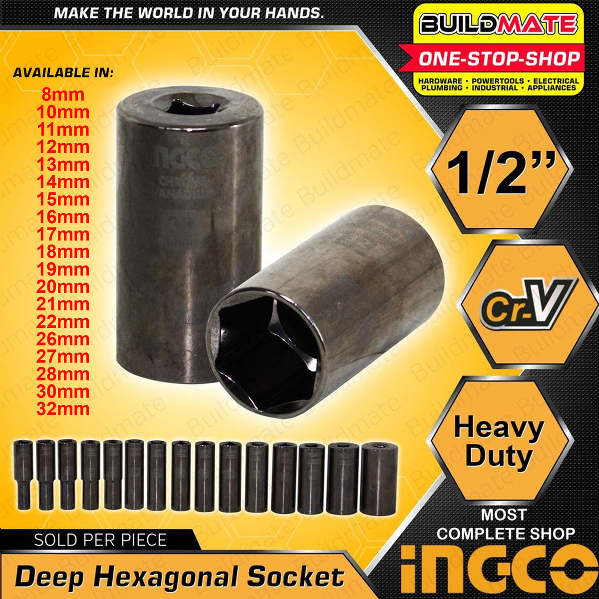 BUILDMATE Ingco 1/2" Inch Deep Hexagonal Sockets 8mm-32mm Cr-V Hexagon ...