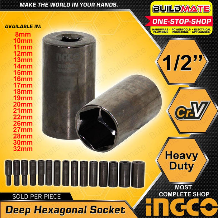 BUILDMATE Ingco 1/2" Inch Deep Hexagonal Sockets 8mm-32mm Cr-V Hexagon ...