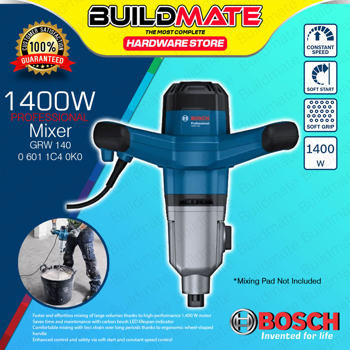 BUILDMATE Bosch Electric Mixer 1400W GRW 140 2-Gear Stirring Mechanism ...