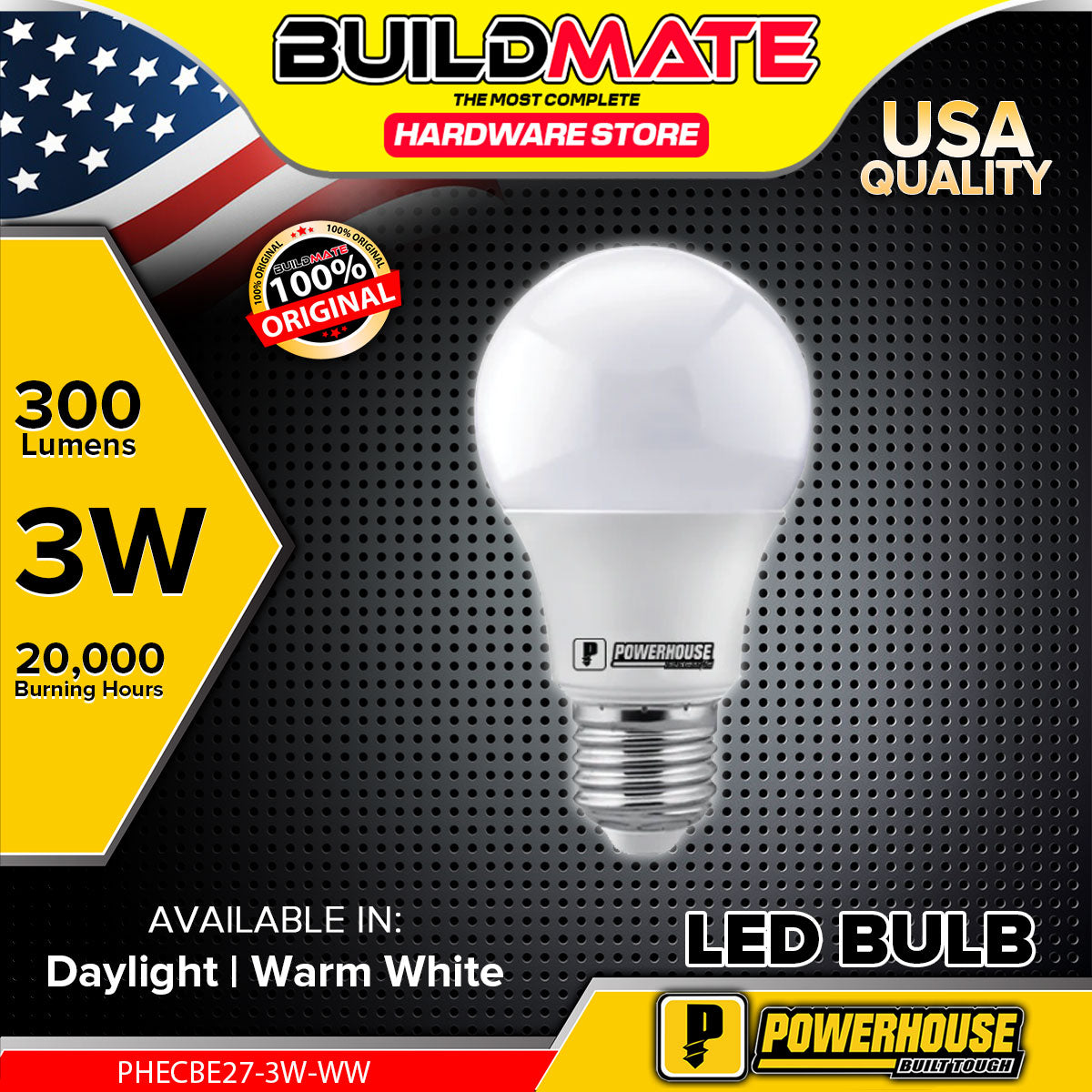 BUILDMATE Powerhouse Electric LED Classic Light Bulb E27 3W 6500K DayL ...