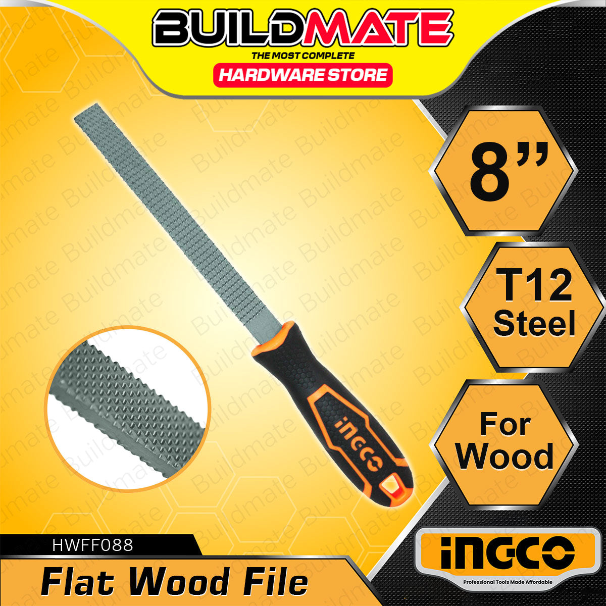BUILDMATE Ingco Carbon Steel Flat Wood File 8" Inch Wood Shaping and S ...