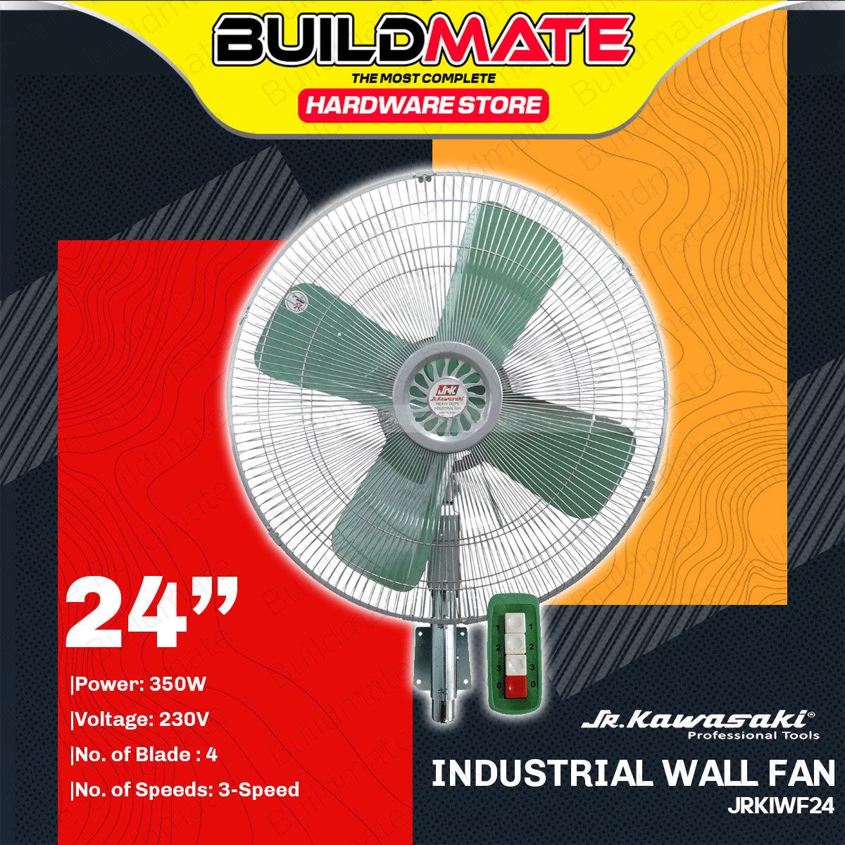 BUILDMATE Jr Kawasaki Industrial Wall Fan 24" Electric Wall Mounted wi ...