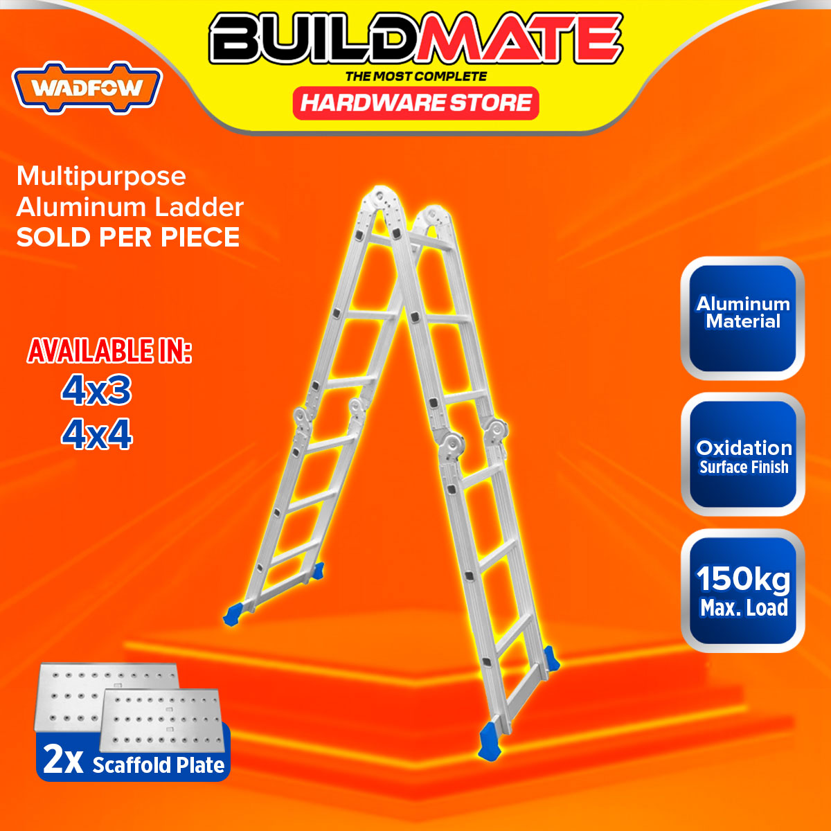 BUILDMATE Wadfow Multi-Purpose Aluminum Ladder 4x3 / 4x4 Steps Heavy D ...