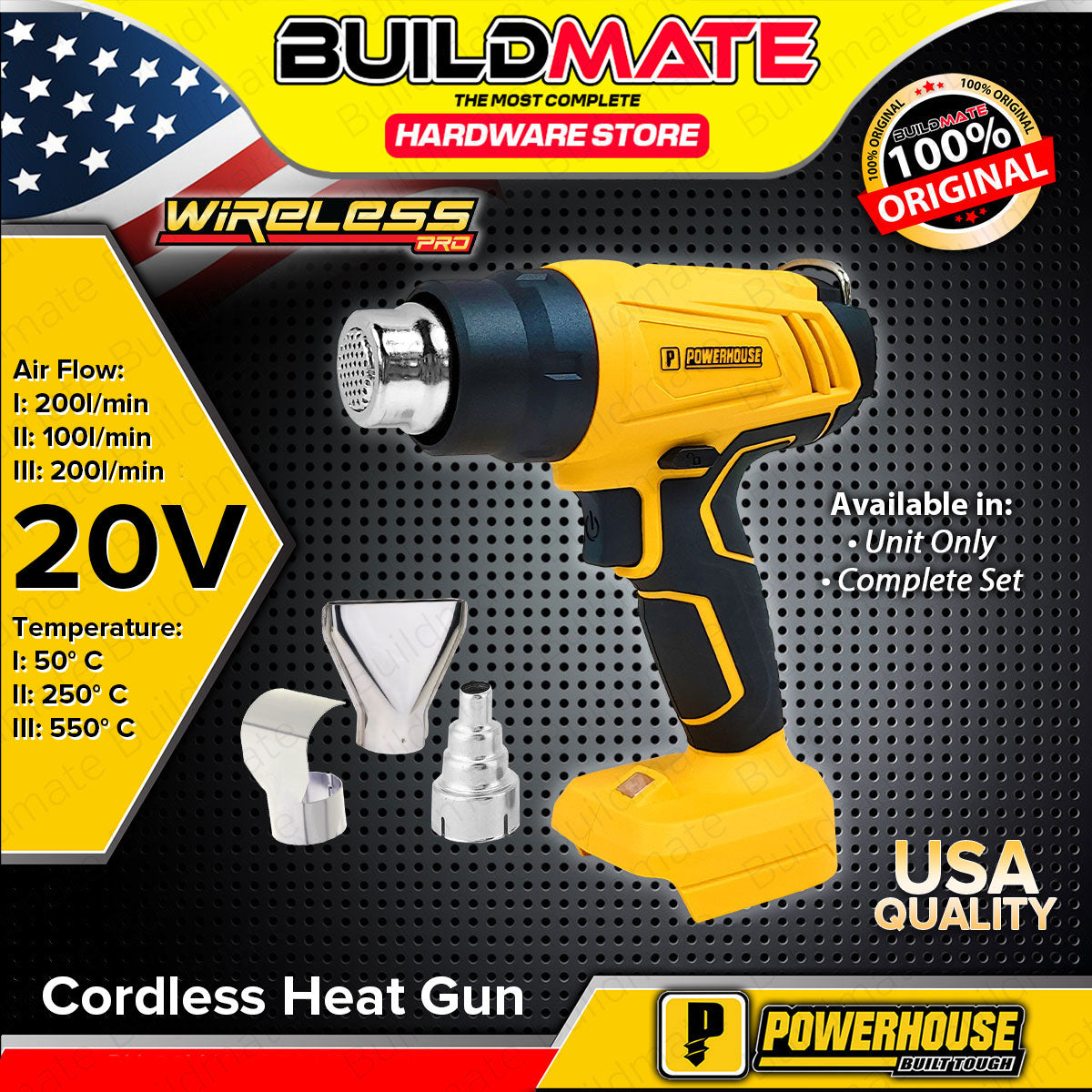 BUILDMATE Powerhouse Cordless Heat Gun 20V Hot Air Gun With 3pcs Nozzl ...