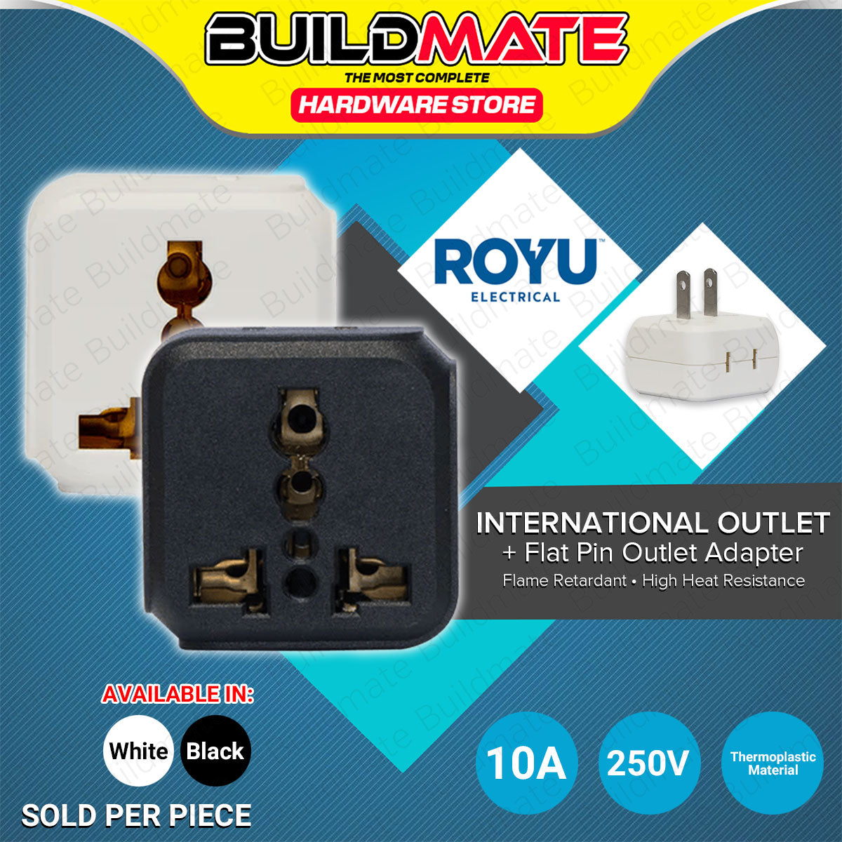 BUILDMATE Royu International Outlet + 2 Flat Pin Outlet Adapter White ...