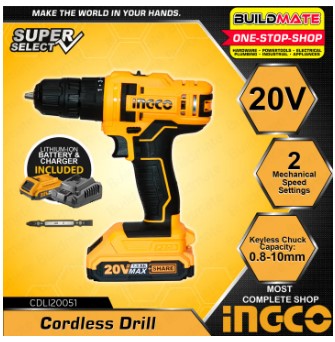 BUILDMATE Ingco 20V Lithium-Ion Cordless Drill 40Nm / 45Nm 2-Speed Mec ...