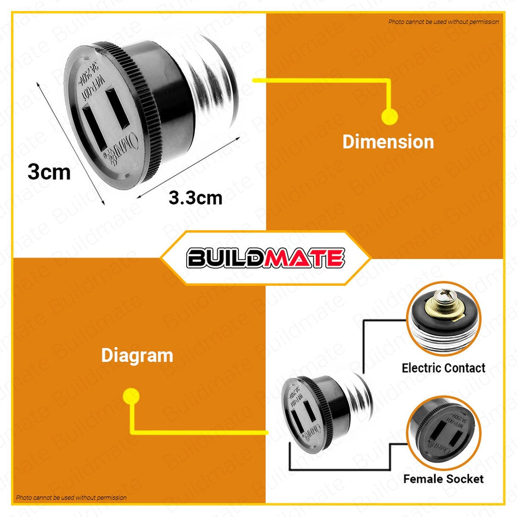 BUILDMATE Omni Female Plug 3A 250V E27 Base to Flat Pin Outlet Power P ...