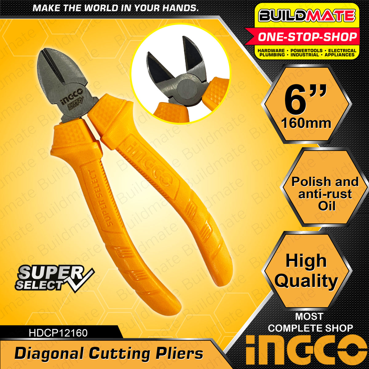 BUILDMATE Ingco 6" Inch Diagonal Cutting Pliers SUPER SELECT Hand Tool ...