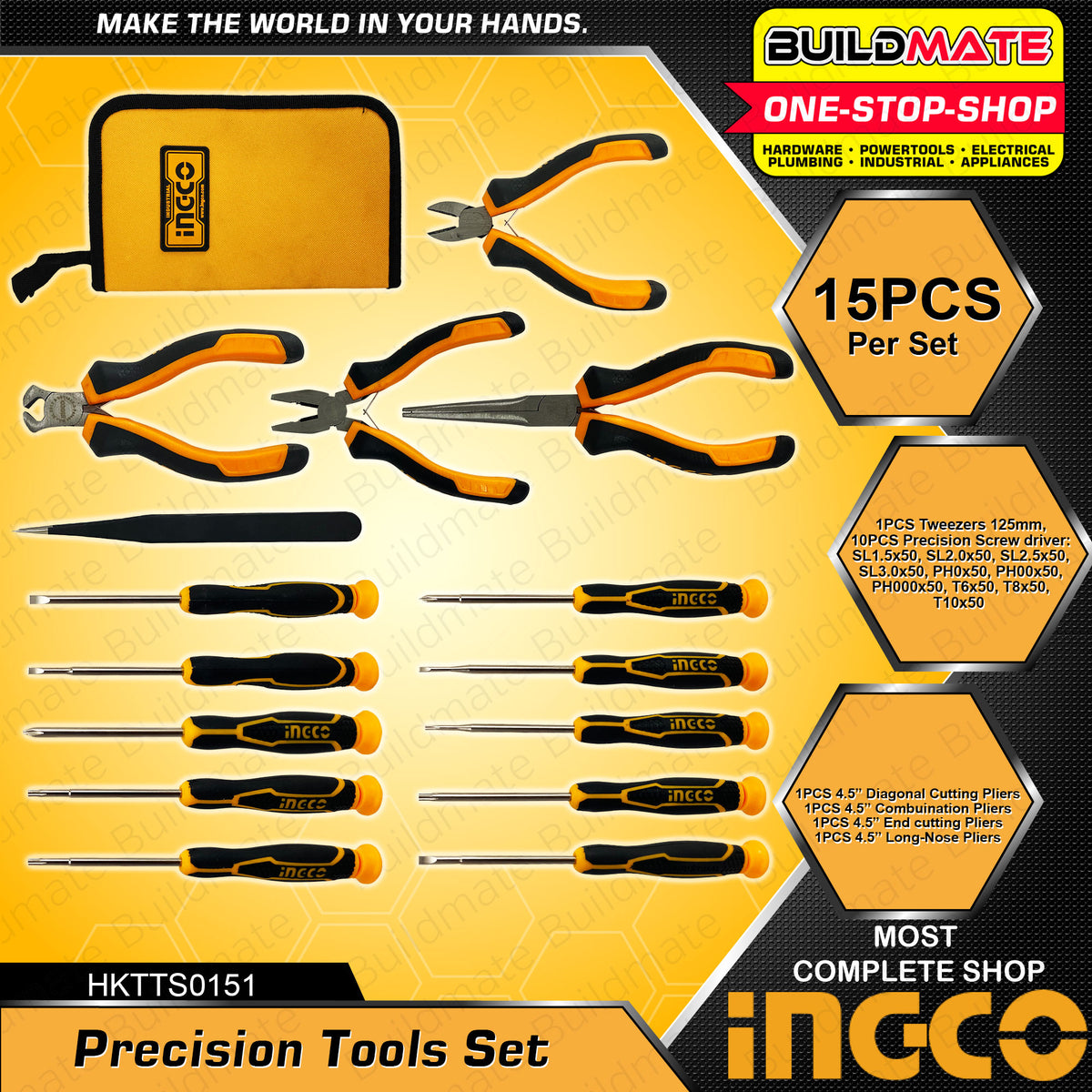 BUILDMATE Ingco 15PCS Precision Screwdriver Tools Set with Bag , Tweez ...