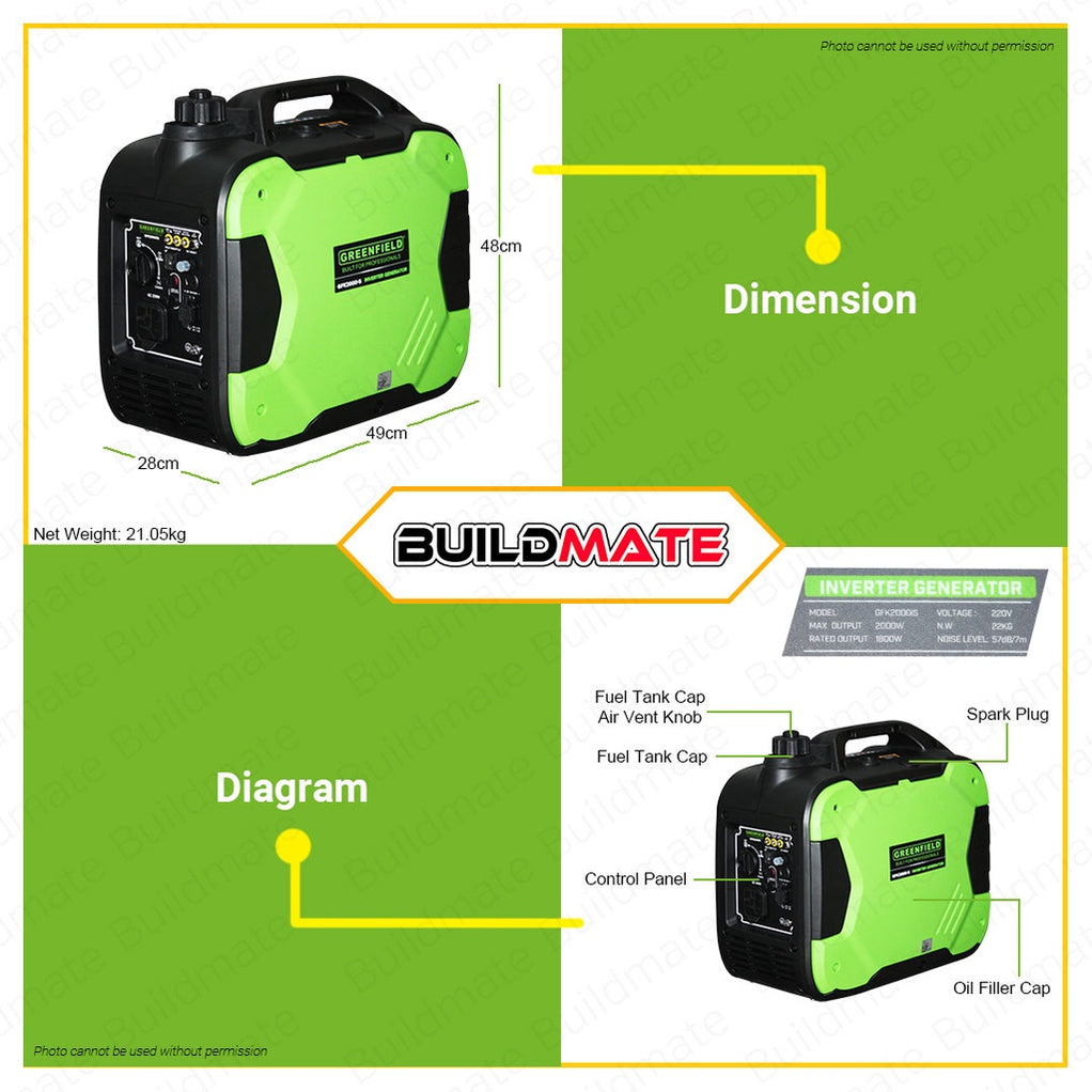 GREENFIELD Inverter Gasoline Generator GENSET 2000W 60HZ SMART RPM GFK ...