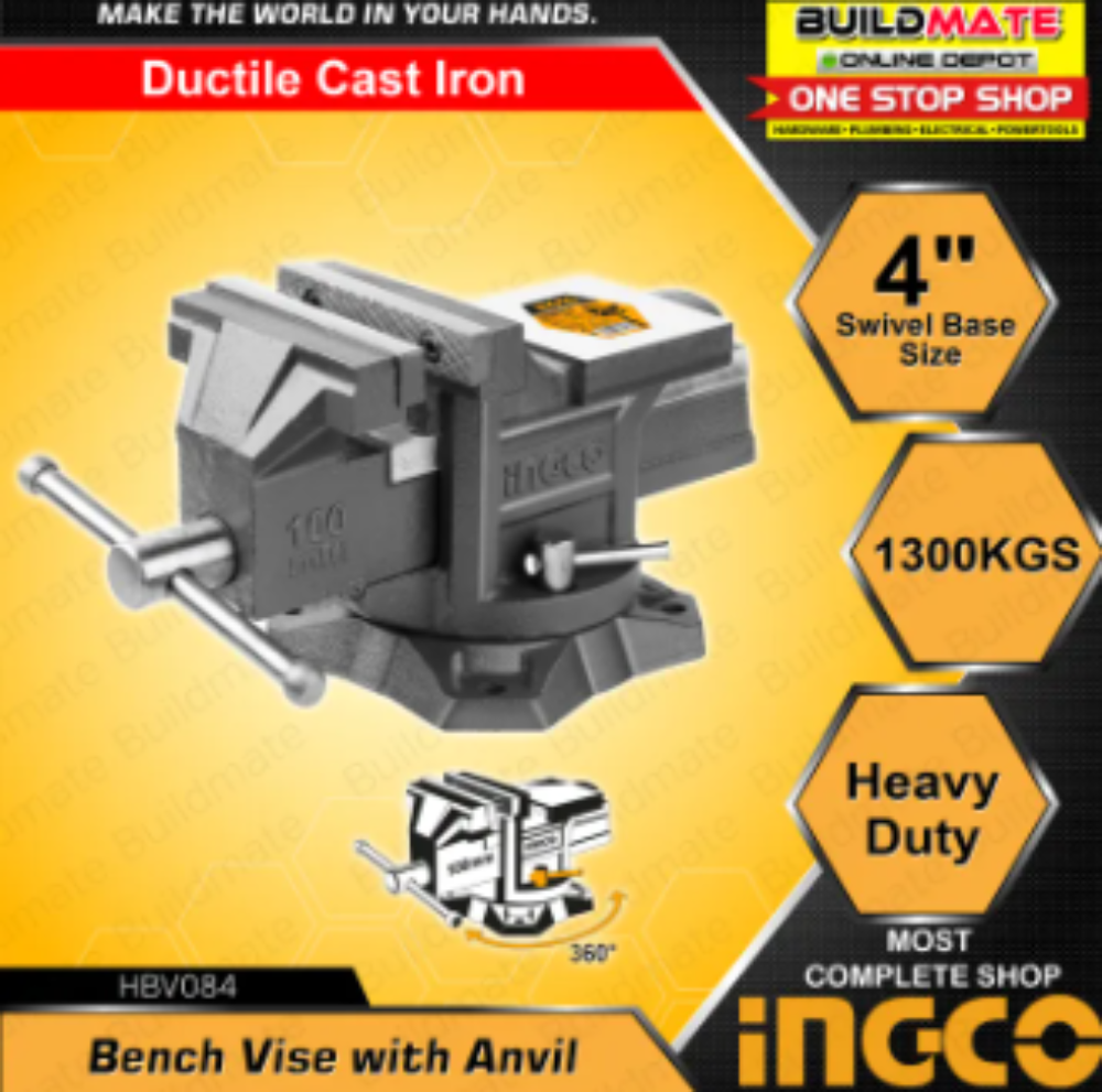 BUILDMATE Ingco Bench Vise with Anvil 4" Swivel Base Table Clamp Tool ...