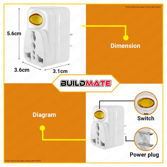 OMNI Universal Adapter w/ Switch 10A 250V WUS-102 •BUILDMATE• — Buildmate