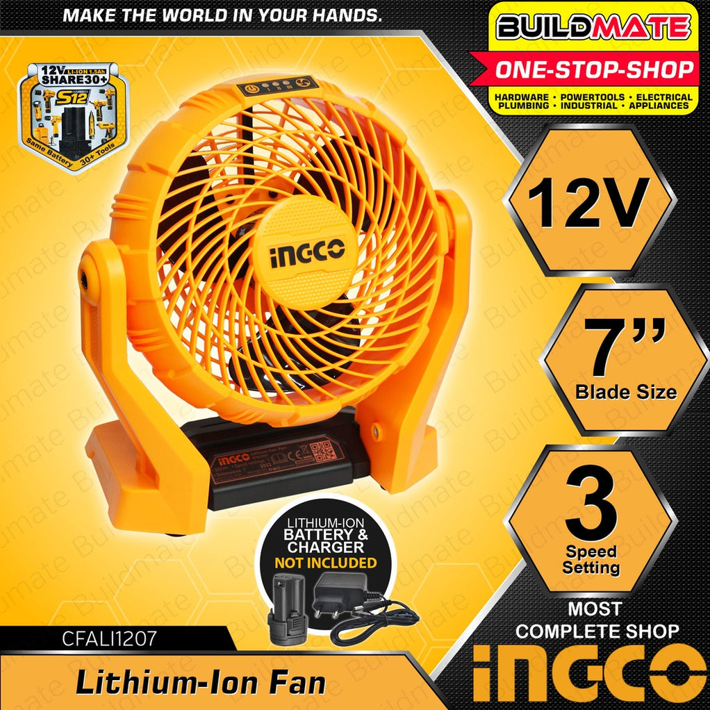 INGCO Cordless Lithium-Ion Fan 12V With 3 Speed 7" Inches Head Rotatio ...