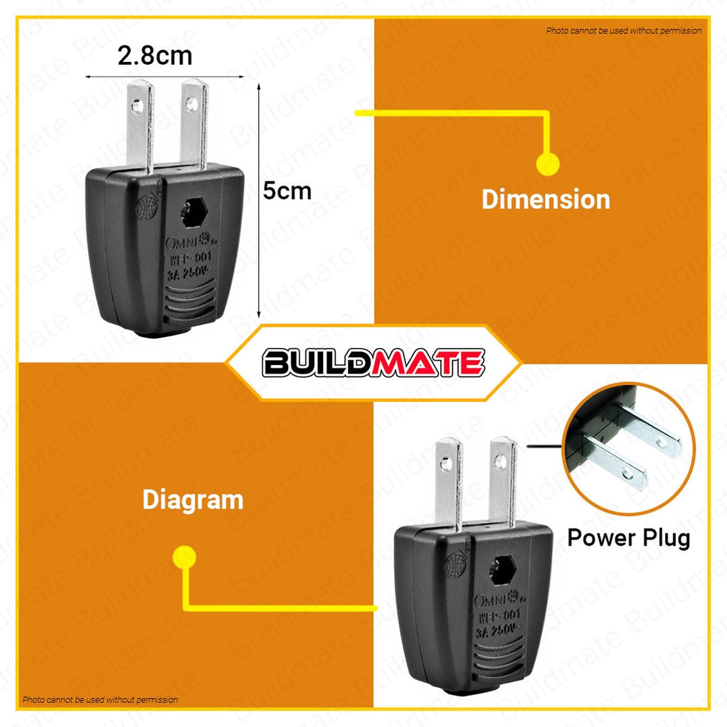 BUILDMATE Omni Electrical Plug 3A 250V RANDOM COLOR Only 2 Flat Pin Ho ...