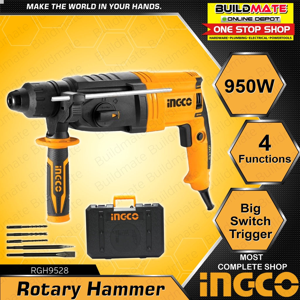 INGCO 950W SDS 28MM Rotary Hammer Drill w/ 3 Drills 2 Chisel and Case ...