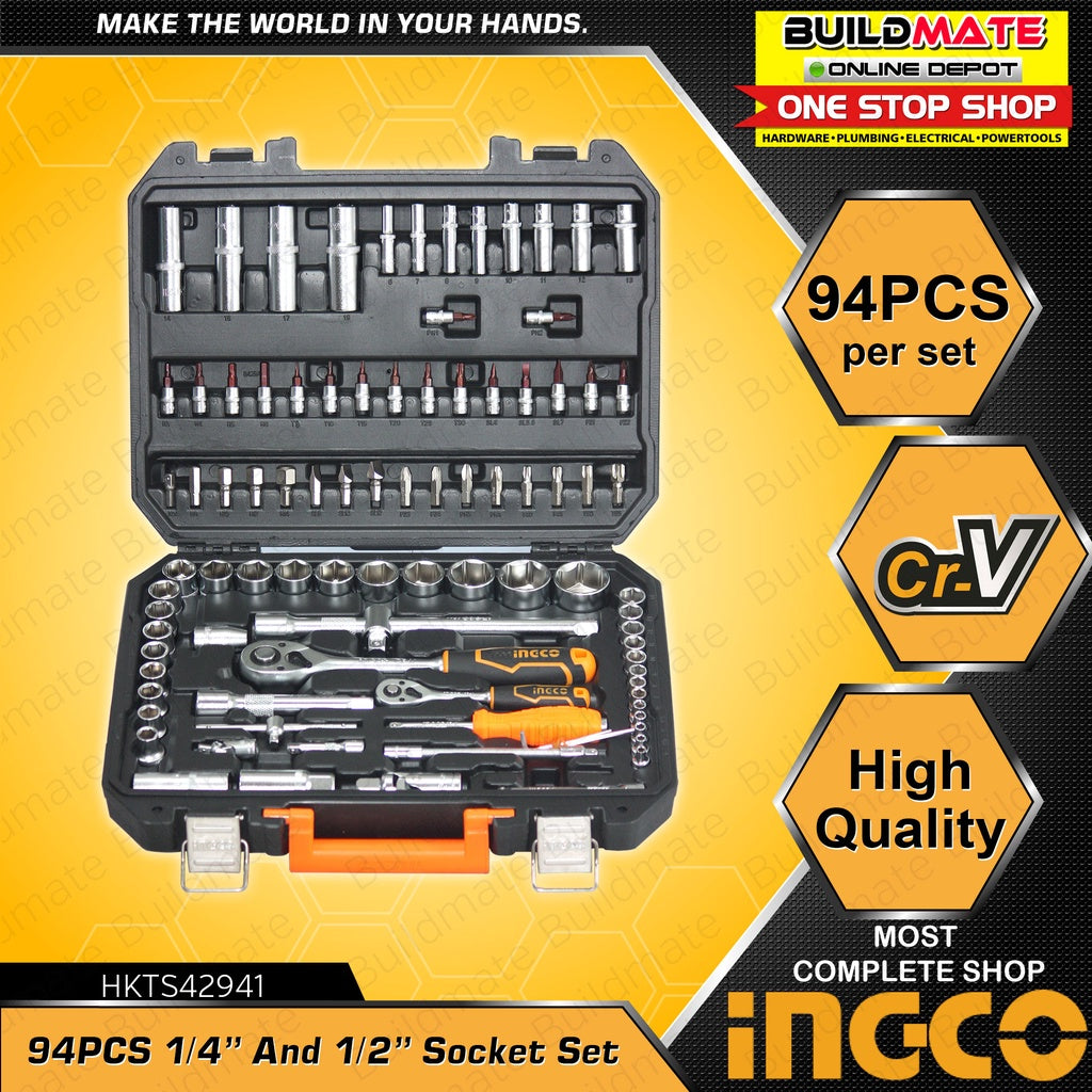 INGCO 94 PCS Socket Set with Hard Case 1/4" and 1/2" HKTS42941 •BUILDM ...