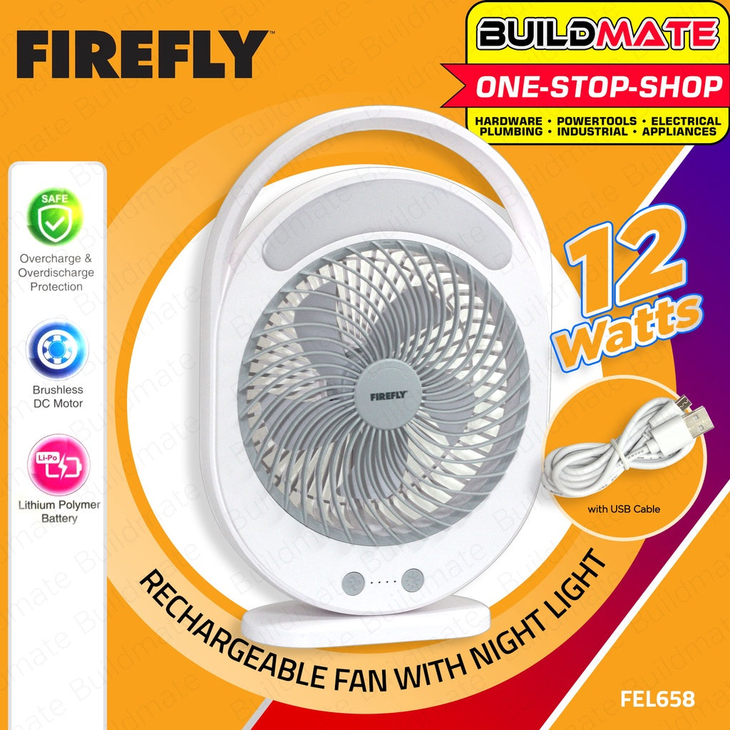 FIREFLY Rechargeable Fan with Night Light FEL658 •BUILDMATE• — Buildmate