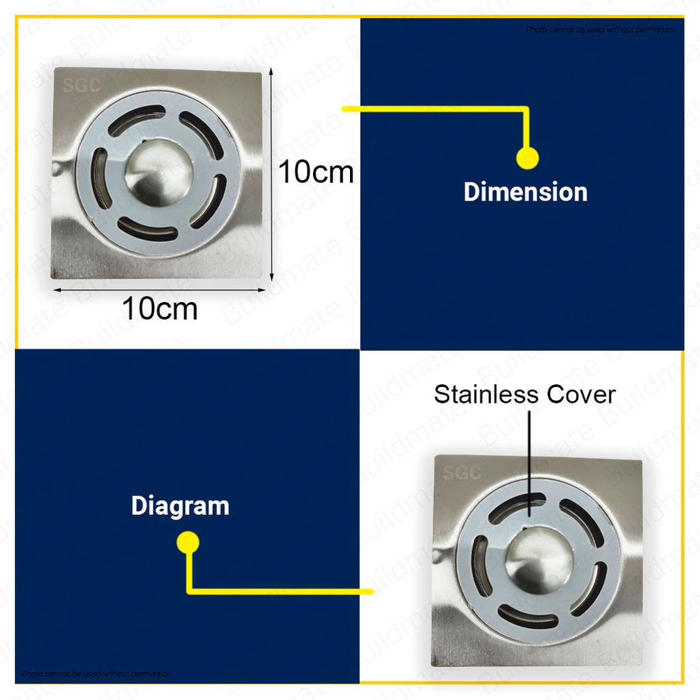 S.G.C. Stainless Floor Drain Drainer Strainer 4" x 4" inches A1 •BUILD — Buildmate