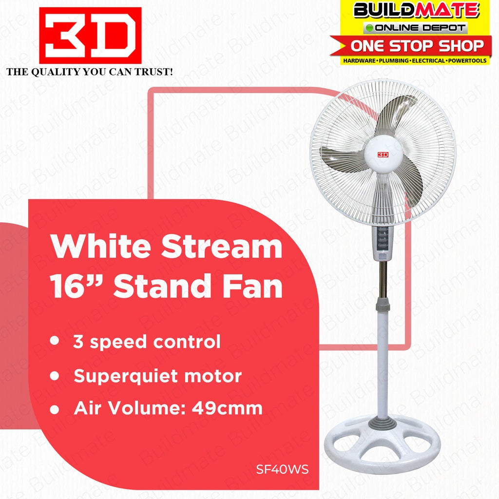 3D 16" White Stream Electric Stand Fan 3 Speed Control SF40WS •BUILDMA ...