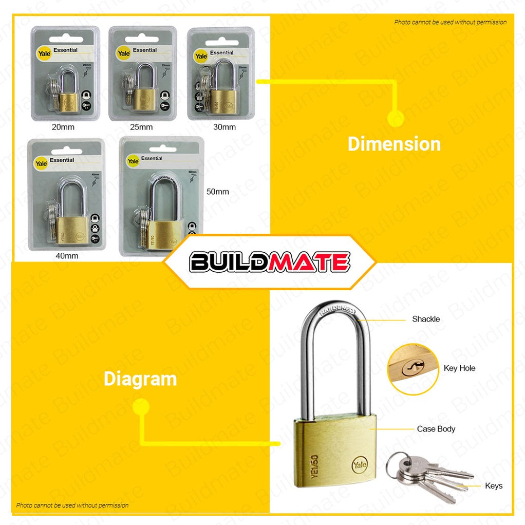 YALE Essential Series Hardened Long Shackle Brass Padlock Pad lock SOL ...