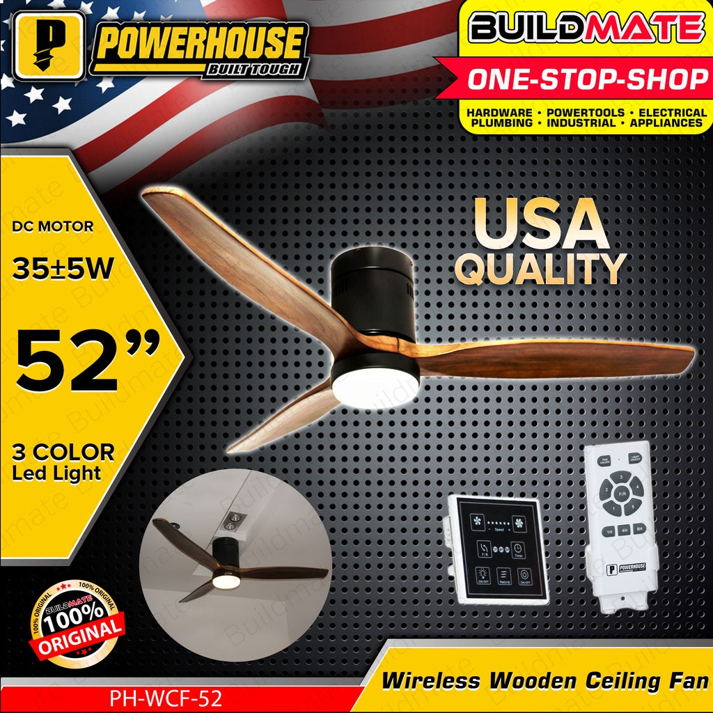 POWERHOUSE Wooden Ceiling Fan DC Motor 52in With Led Light & Wireless ...