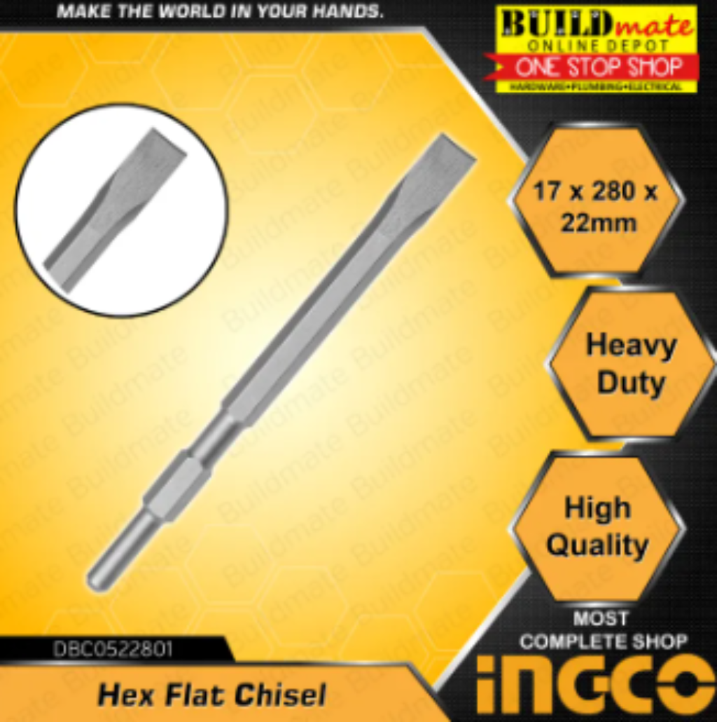 INGCO Hex FLAT Chisel 17x280x22mm Concrete Breaker Demolition Jack Ham ...