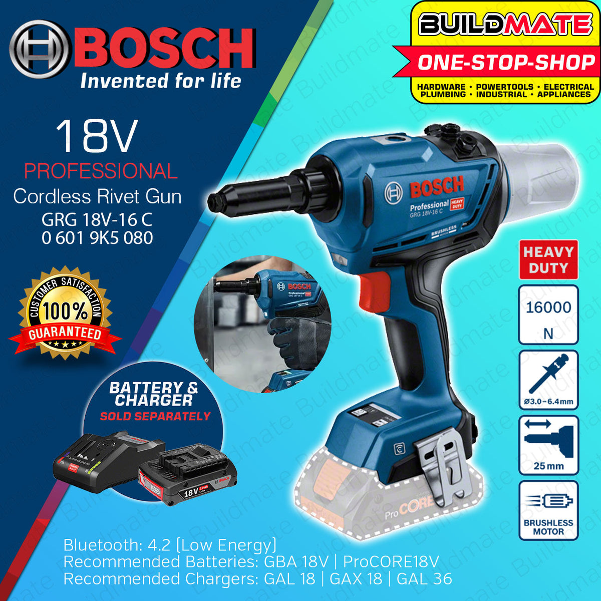 BUILDMATE Bosch Cordless Rivet Gun 18V Riveting Rivet Riveter Tool Bru ...