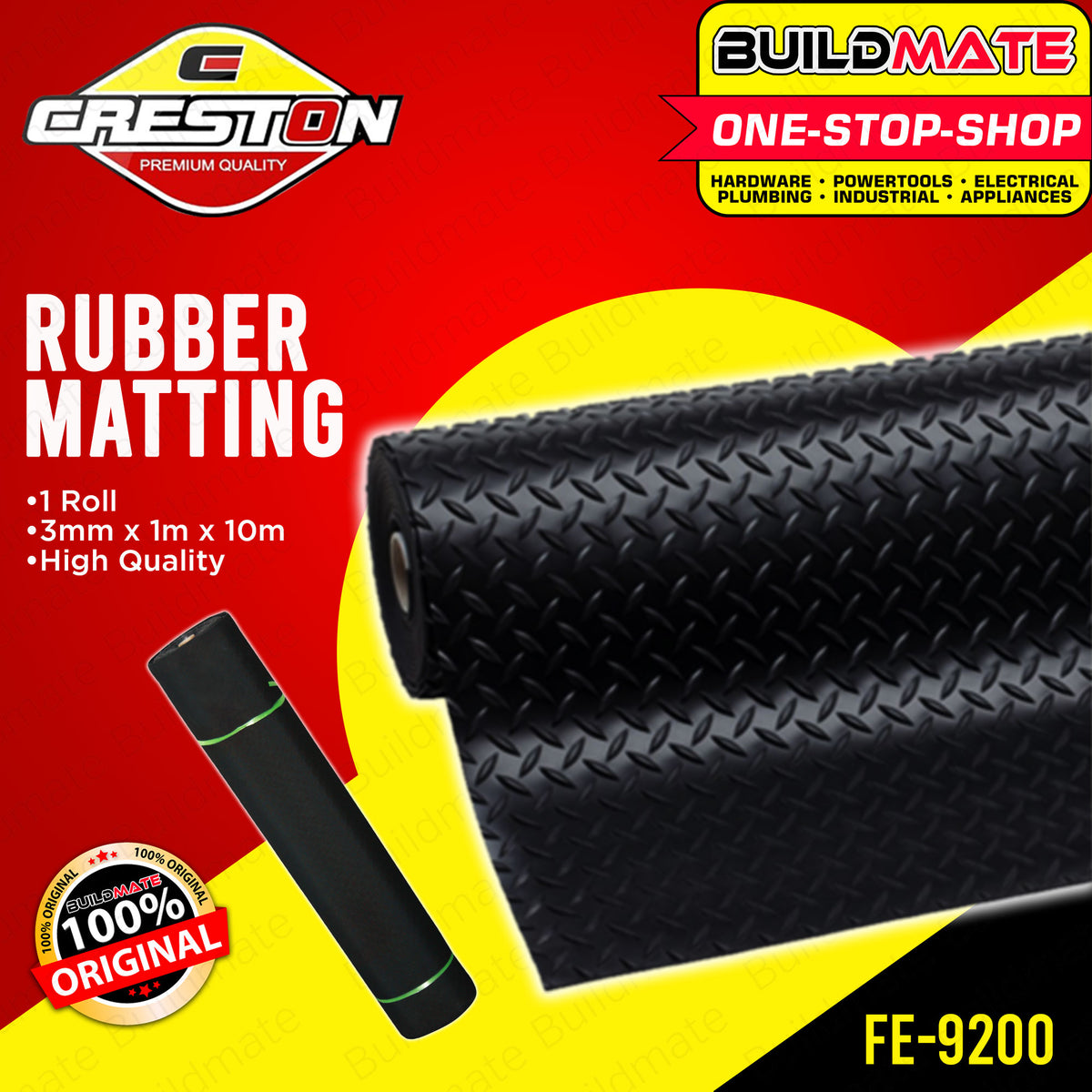 CRESTON Industrial Rubber Mat Matting 3.0mm x 1.0m x 10m 1 ROLL FE9200 ...