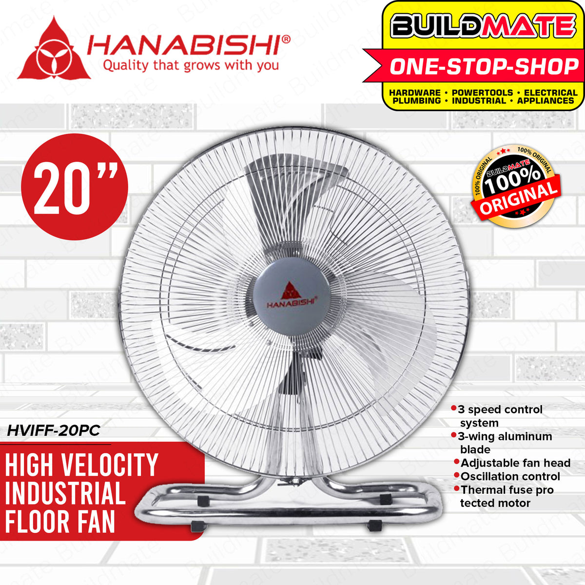 HANABISHI High Velocity Industrial Floor Fan 20" with 3 Speed Control ...